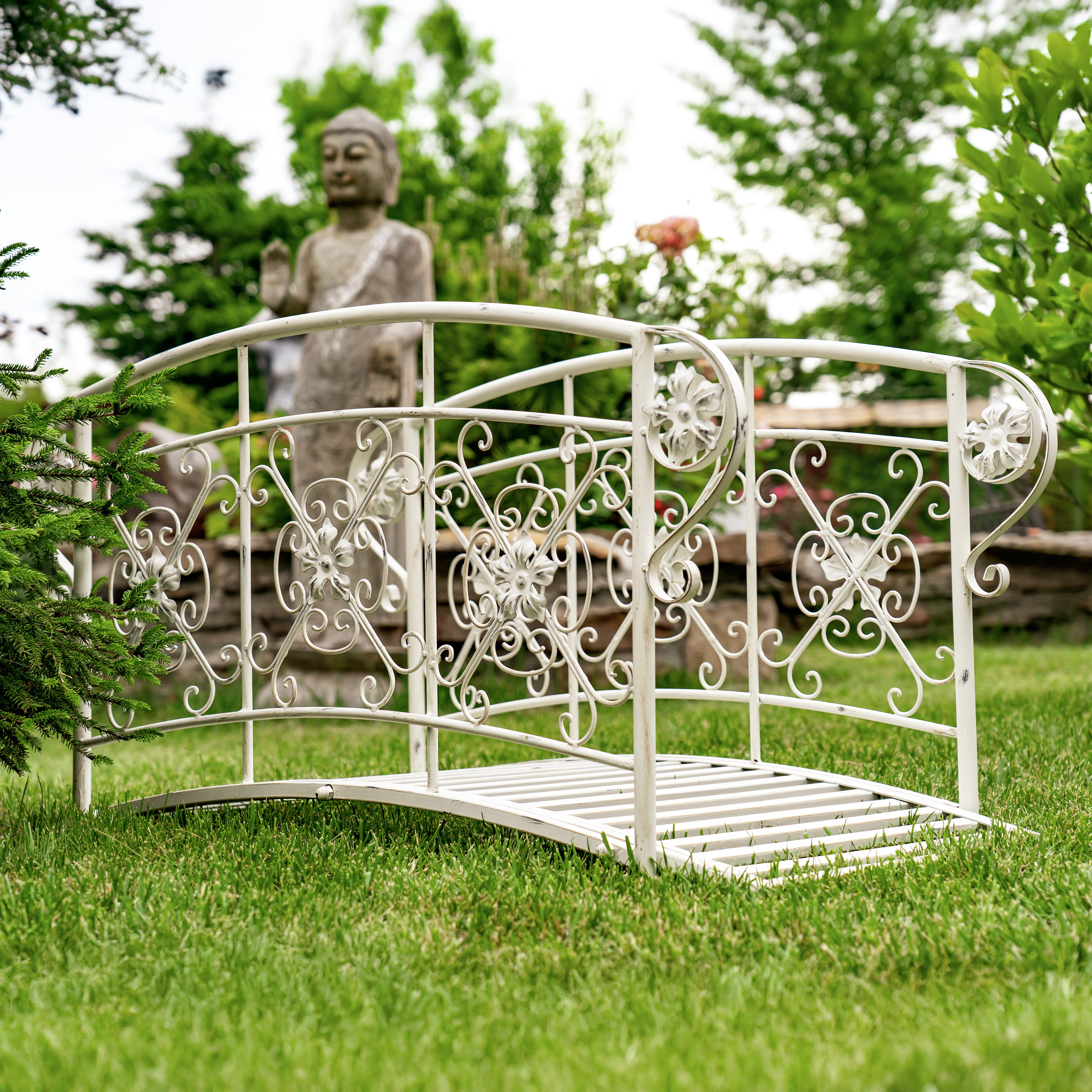 Zaer Ltd International 40.5" Long Iron Garden Bridge with Embellished Handlebars in Bronze ...